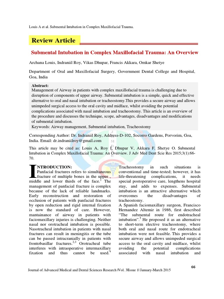Submental Intubation in Maxillofacial Trauma | PDF | Health Care | Surgery