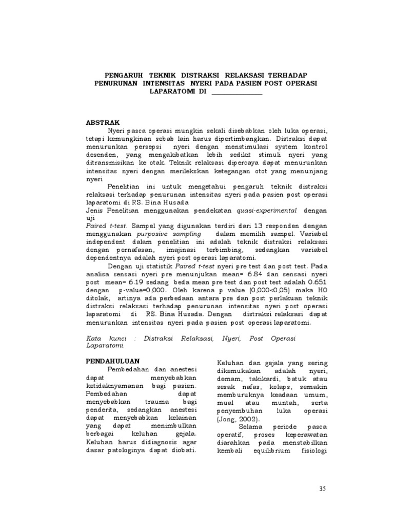PENERAPAN TEKNIK DISTRAKSI RELAKSASI UNTUK MENGURANGI NYERI PASIEN POST ...