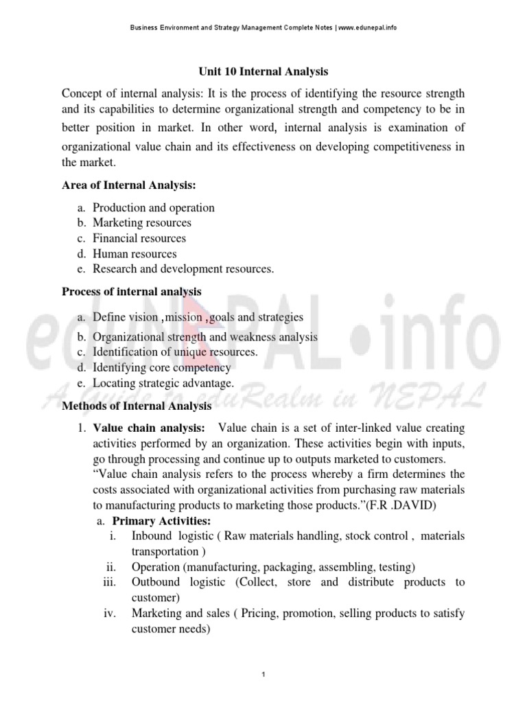 Unit 10 Internal Analysis: Business Environment and Strategy Management ...