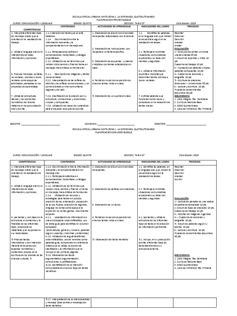 Planificación Comunicación 5to Grado 2019 | PDF | Números | Sustracción