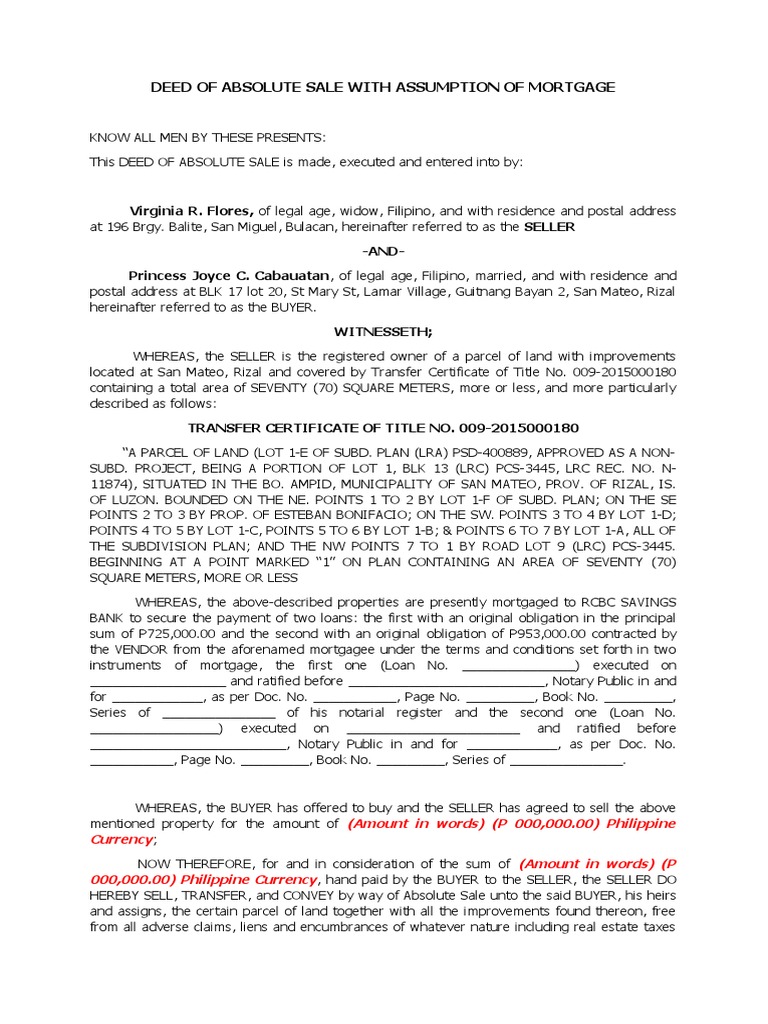 Deed of Sale With Assumption of Mortgage | PDF | Mortgage Law ...