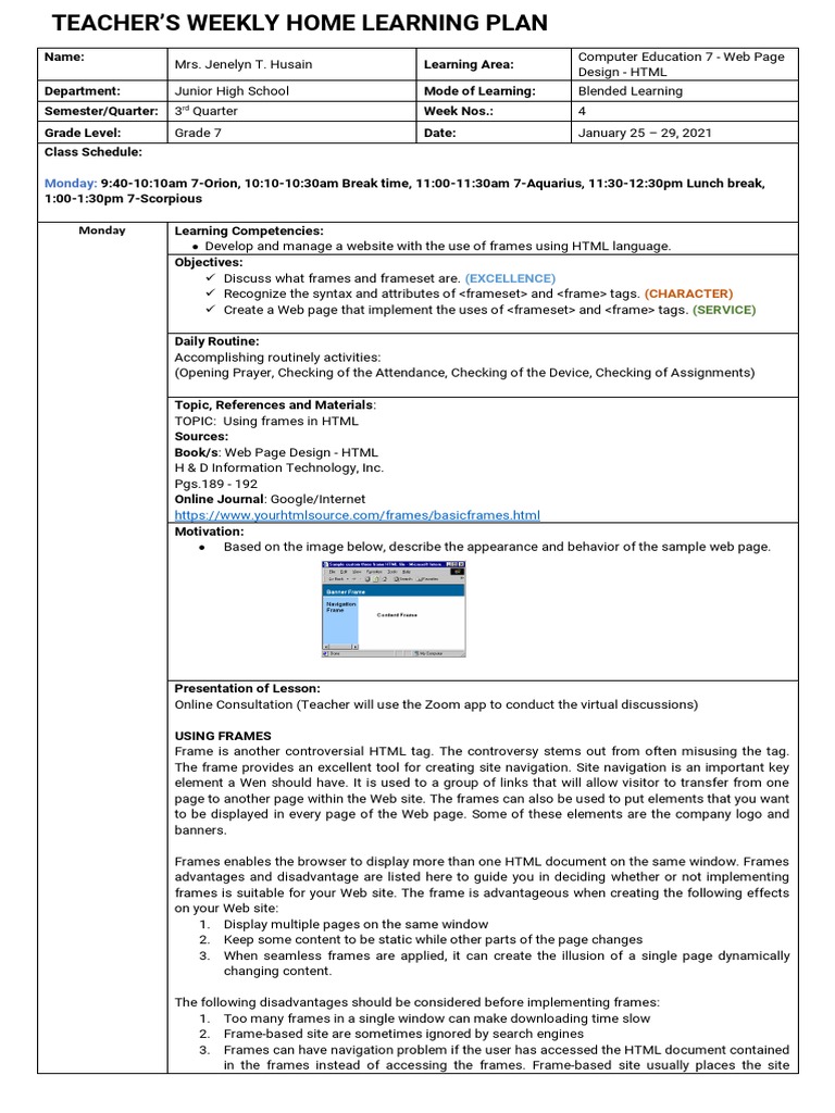 3rd G7 Lesson 4 Weekly Home Learning Plan in COMPUTER | PDF | Html | Html Element