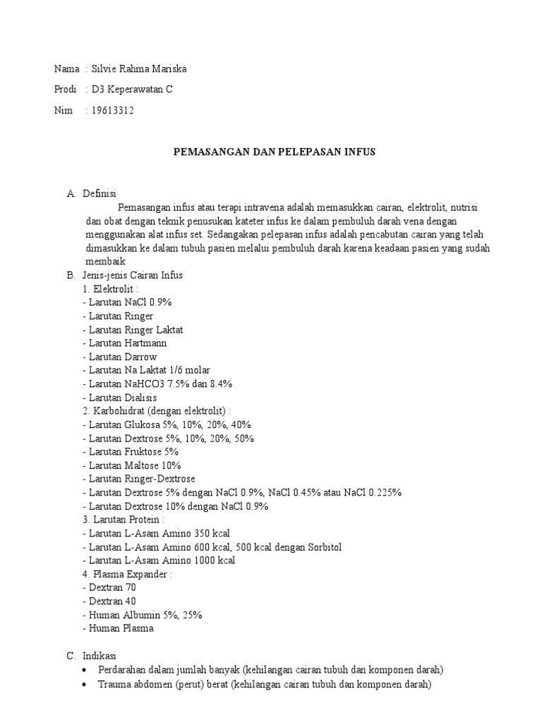 Pemasangan Dan Pelepasan Infus | PDF