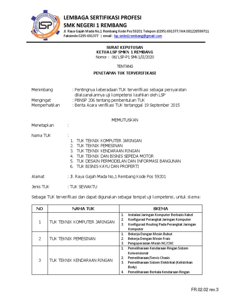 Penetapan TUK Terverifikasi LSP SMK1 | PDF | Komputer