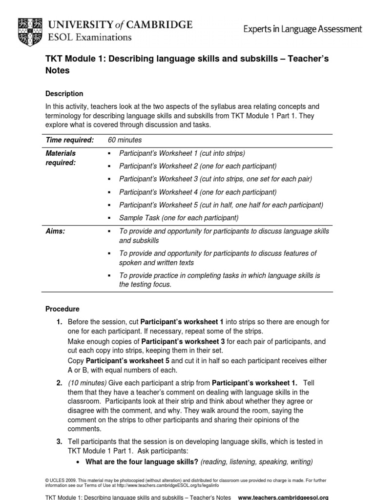 TKT Module 1 Language Skills | PDF | Fluency | Reading (Process)