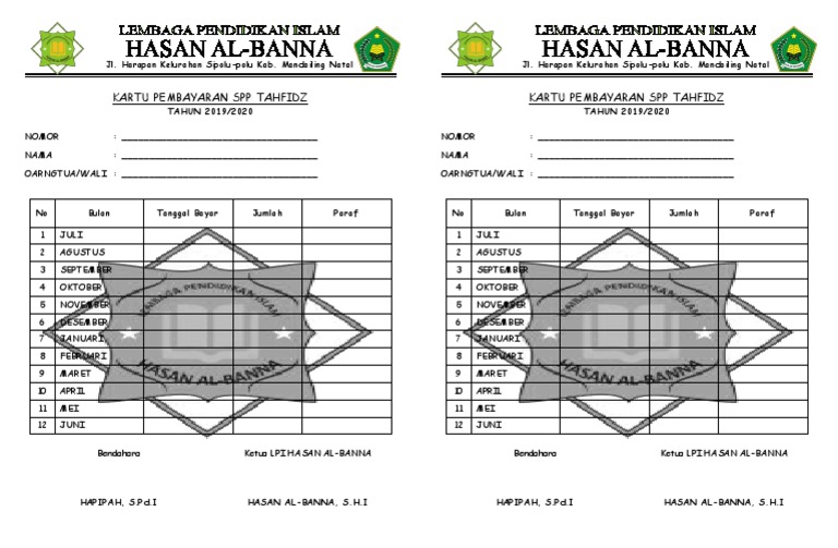 KARTU SPP - Al Banna (Bulan) TAHFIDZ | PDF