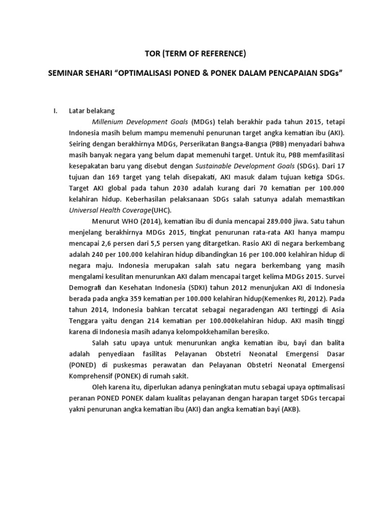 Tor (Term of Reference) Seminar Sehari "Optimalisasi Poned & Ponek Dalam Pencapaian SDGS" | PDF ...