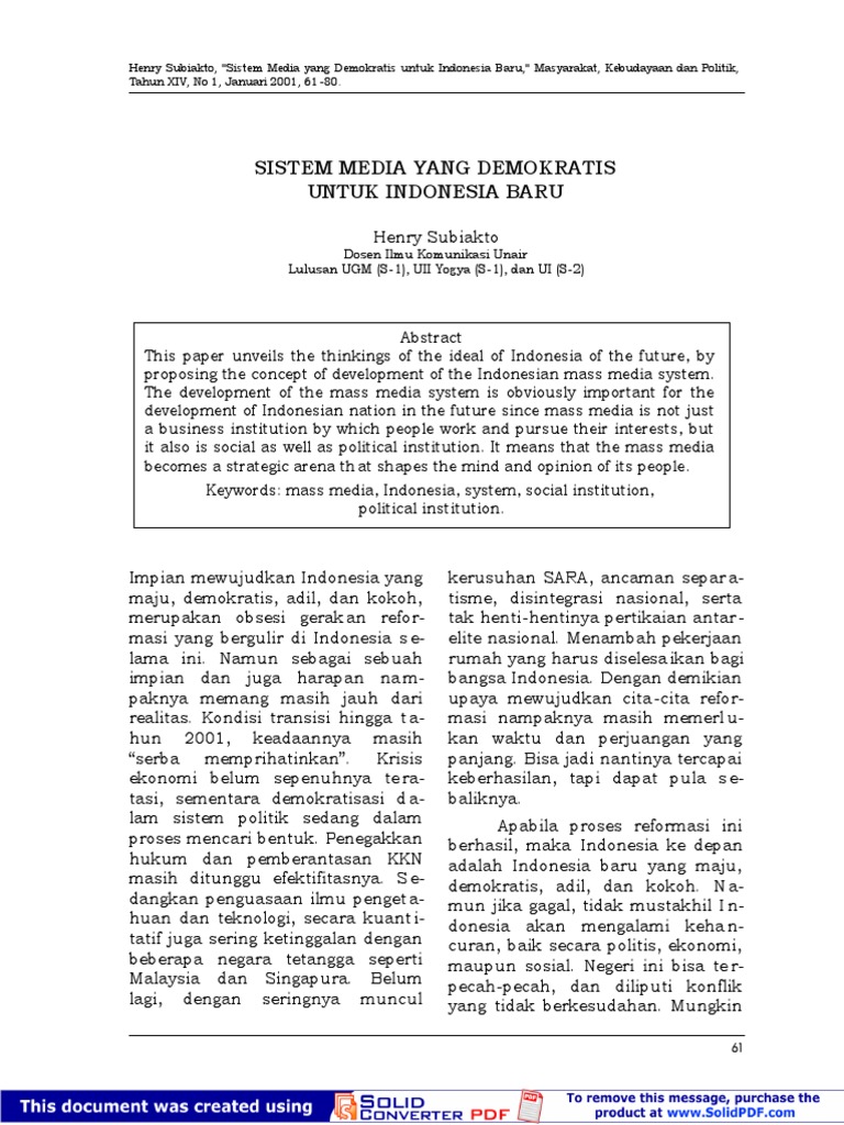 Henry Subiakto Sistem Media Yang Demokratis | PDF