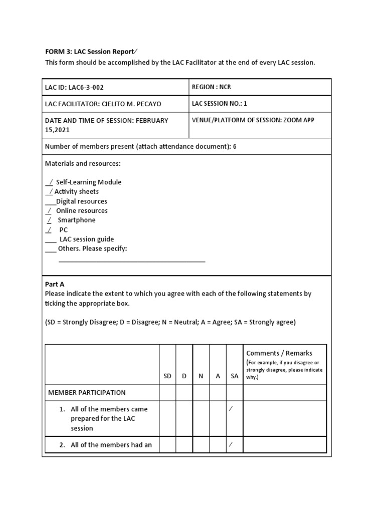 FORM 3: LAC Session Report : Region: NCR Lac Session No.: 1 Venue/Platform of Session: Zoom App ...
