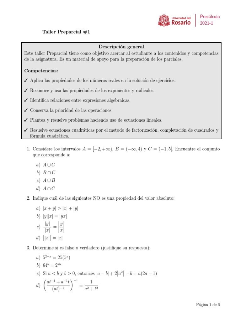 Taller 1 Preparcial Precalculo 2021-1 | PDF | Ecuaciones | Álgebra