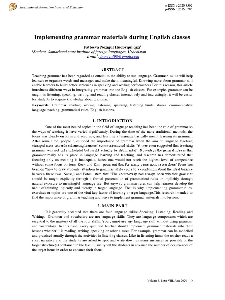 Implementing Grammar Materials During English Classes | Download Free ...