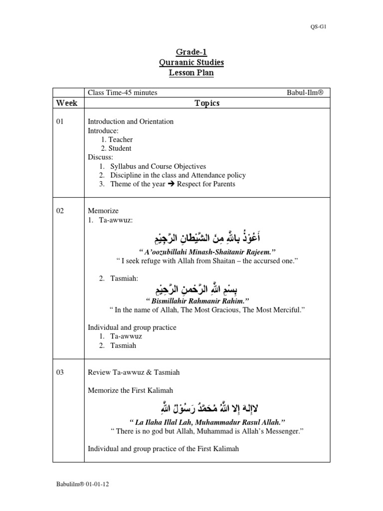 Grade-1 Quraanic Studies Lesson Plan: " A'oozubillahi Minash-Shaitanir ...