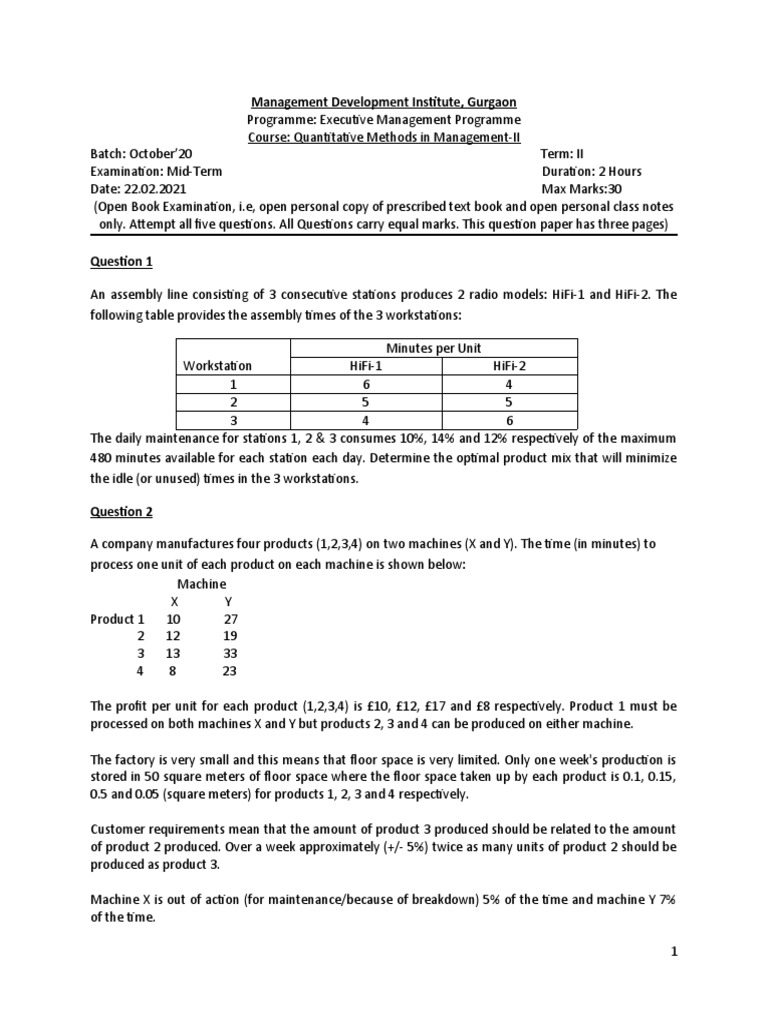 Management Development Institute, Gurgaon | PDF | Linear Programming ...
