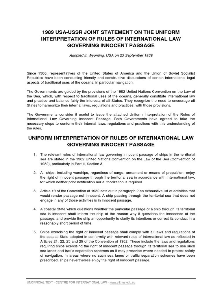 1989 USA-USSR Innocent Passage Rules | PDF | International Law ...
