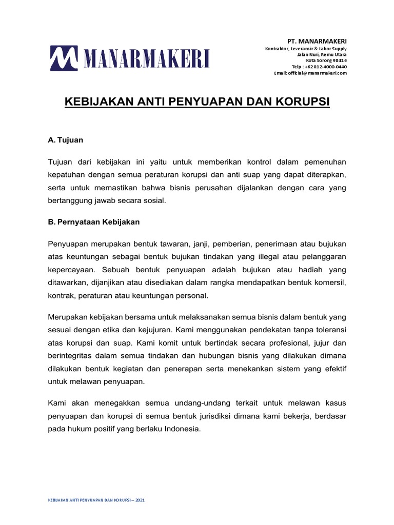 Kebijakan Anti Penyuapan Dan Korupsi | PDF