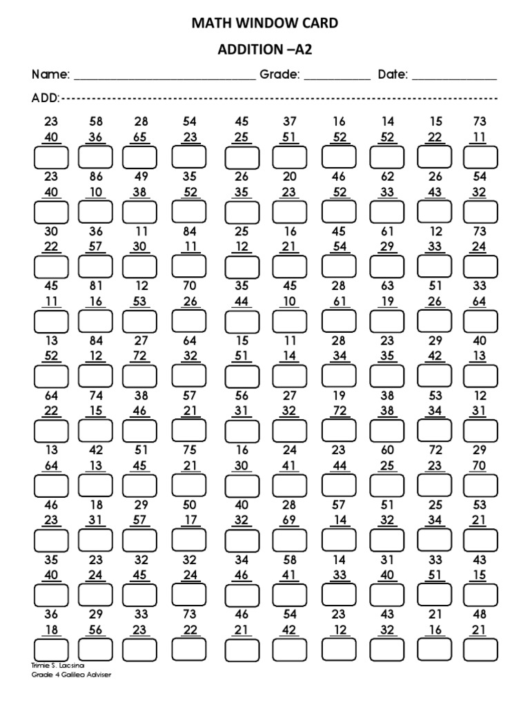 Math Window Card Addition - A2: Trimie S. Lacsina Grade 4 Galileo ...