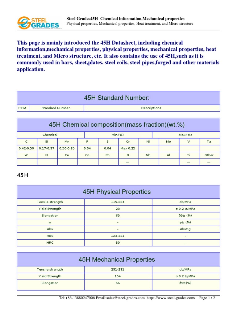 Datasheet For Steel Grades Structure Steel 45H | PDF | Rolling ...