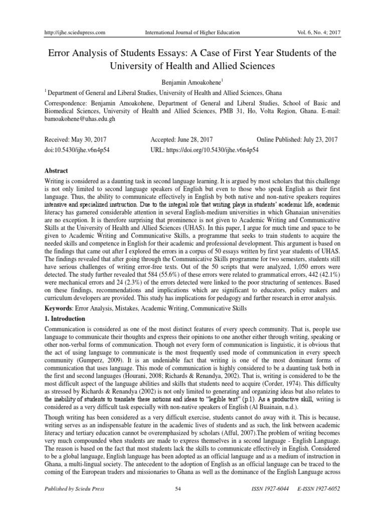 Error Analysis of Students Essays: A Case of First Year Students of The ...