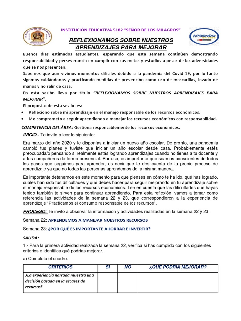 SESIÓN 26 CC. SS. 2do REFLEXIONAMOS SOBRE NUESTROS APRENDIZAJES PARA MEJORAR | PDF | Aprendizaje ...