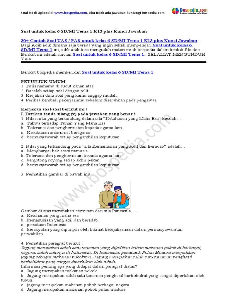 30+ Contoh Soal UAS PAS Untuk Kelas 6 SD MI Tema 1 K13 Plus Kunci Jawaban | PDF