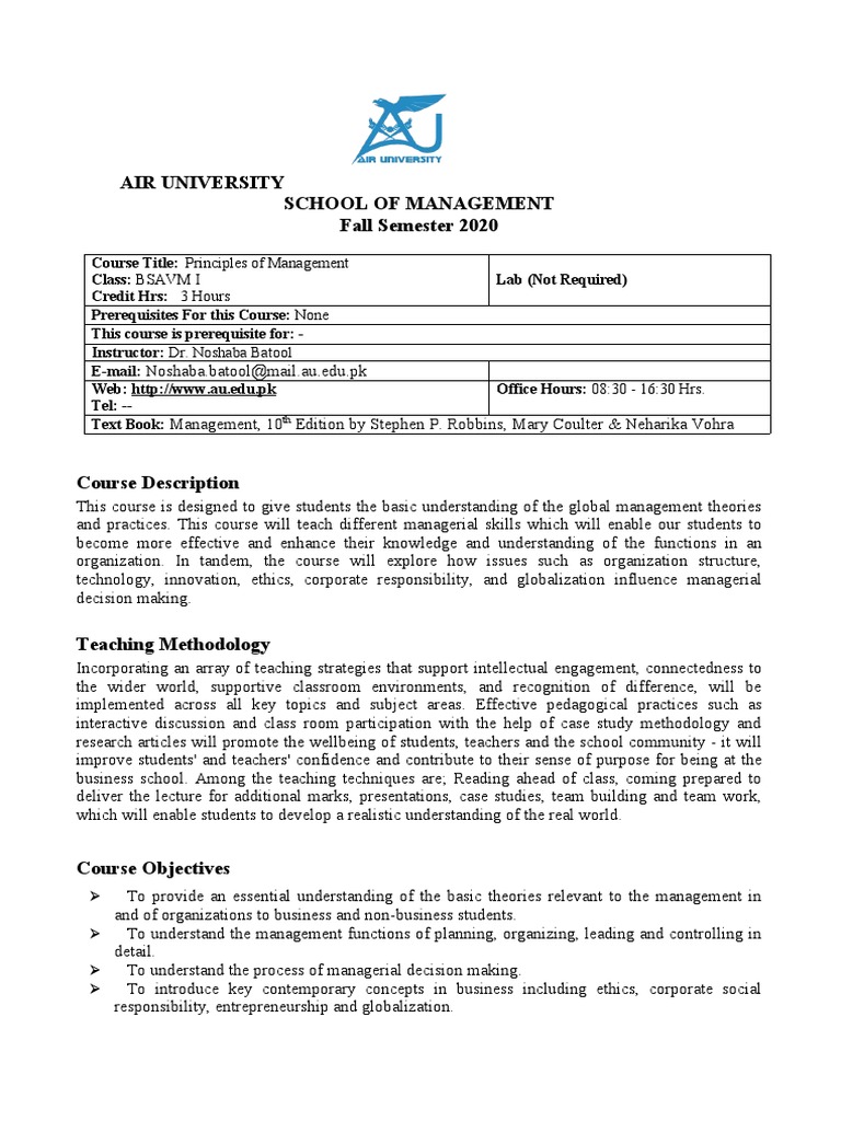 Principles of Management - Fall 2020 | PDF | Leadership | Motivation