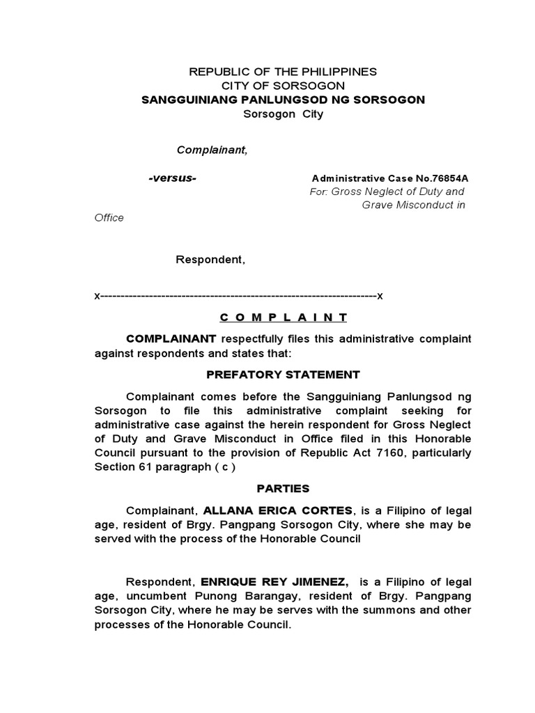 Complaint - Administrative - SAMPLE | PDF | Complaint | Common Law