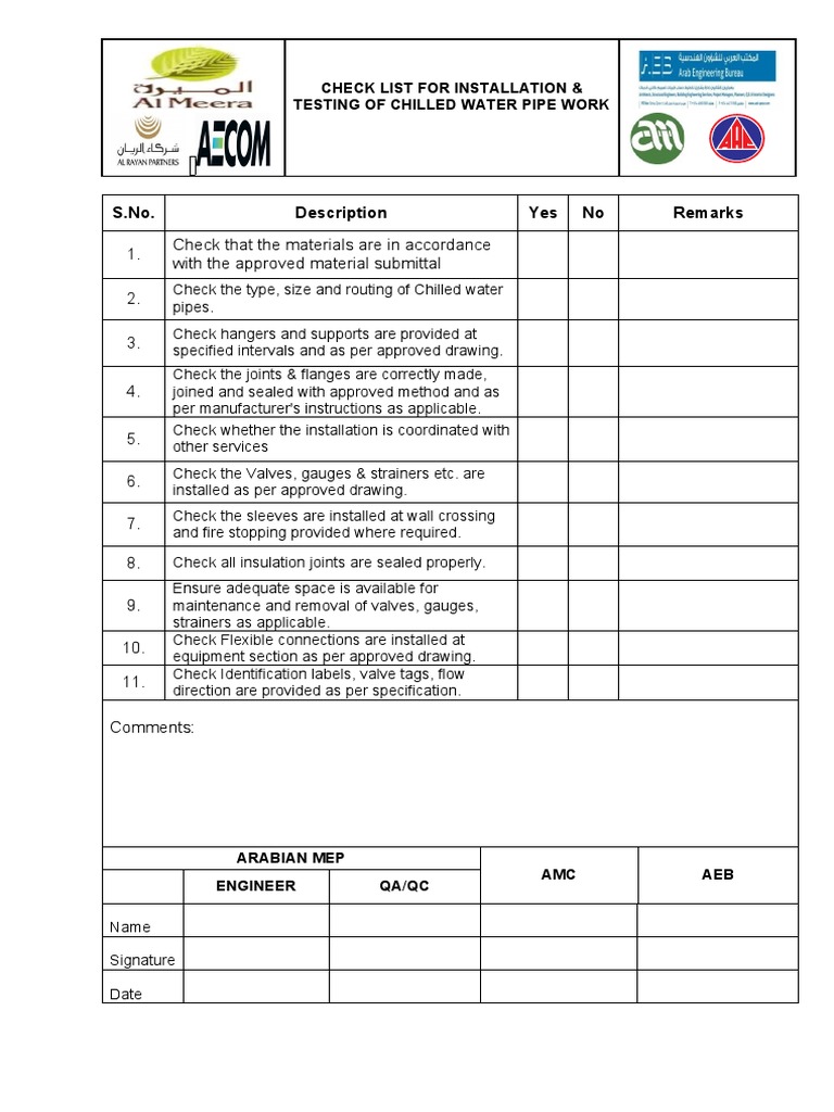 CHECKLIST For Installation & Testing of Chilled Water Pipe Work | PDF