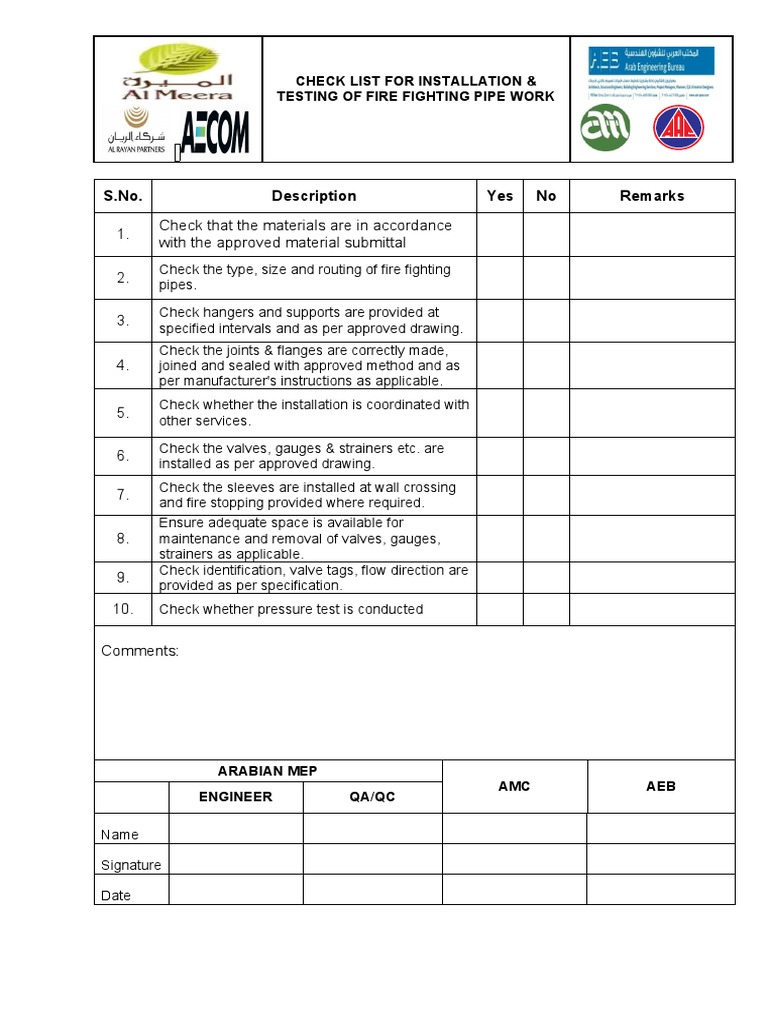 CHECKLIST For Installation & Testing of Fire Fighting Pipe Work | PDF