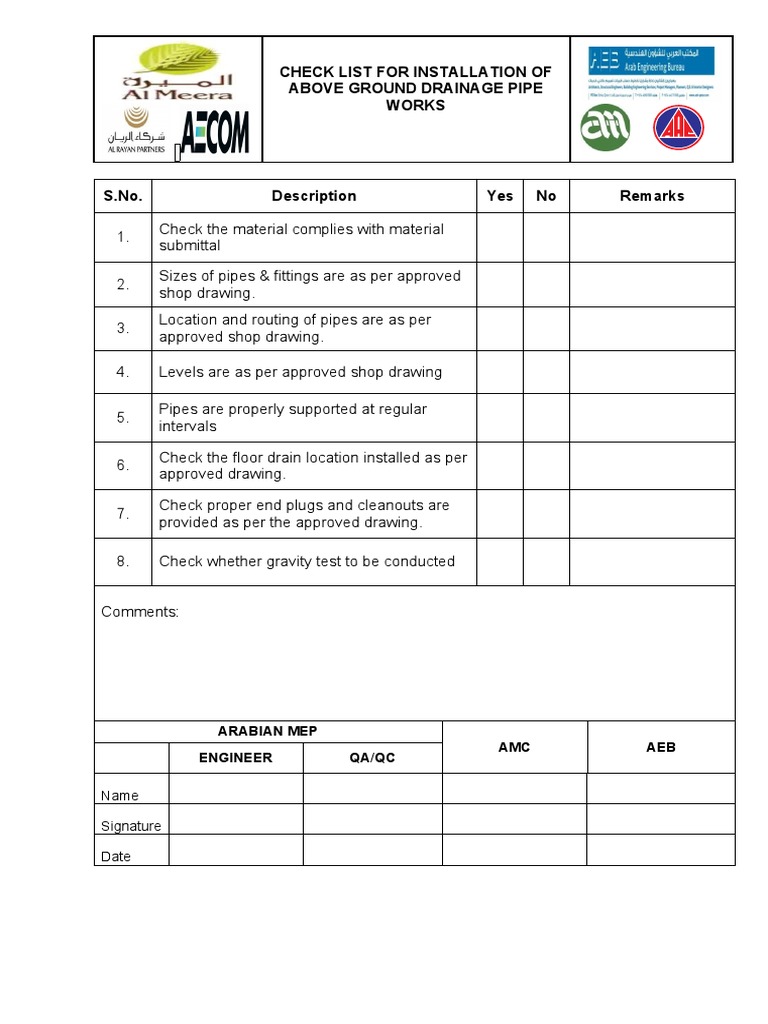 CHECKLIST For Installation of Above Ground Drainage Pipe Work | PDF