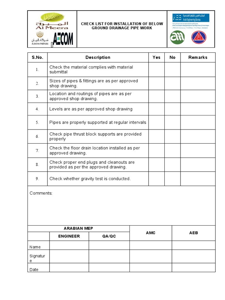 CHECKLIST For Installation of Below Ground Drainage Pipe Work | PDF