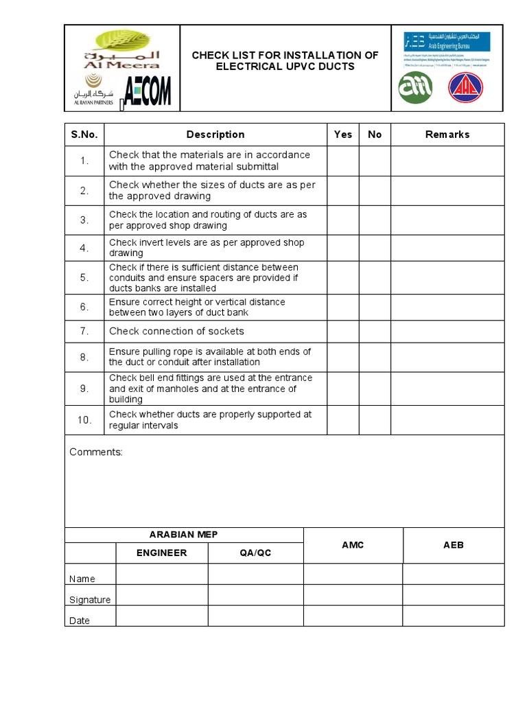 CHECKLIST For Installation of Electrical UPVC Ducts | PDF