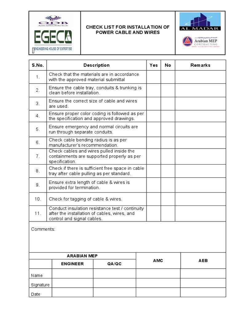CHECKLIST For Installation of Power Cables | PDF