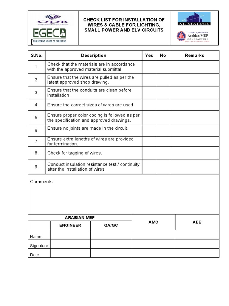 CHECKLIST For Installation of Wires & Cable For Lighting, Small Power ...