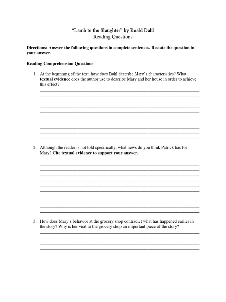 "Lamb To The Slaughter" by Roald Dahl Reading Questions | PDF
