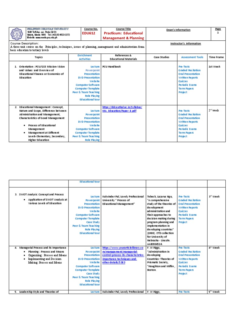 EDU612 Practicum Educational Management & Planning Syllabus 2021 | PDF ...