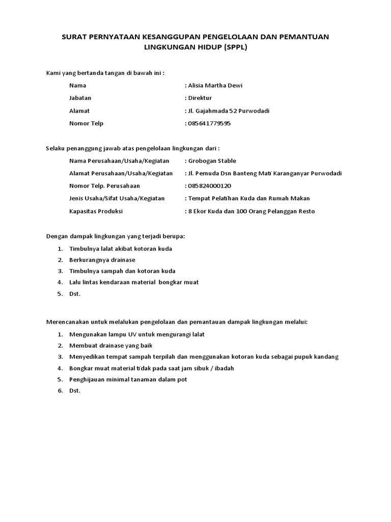 Form Surat Pernyataan SPPL | PDF