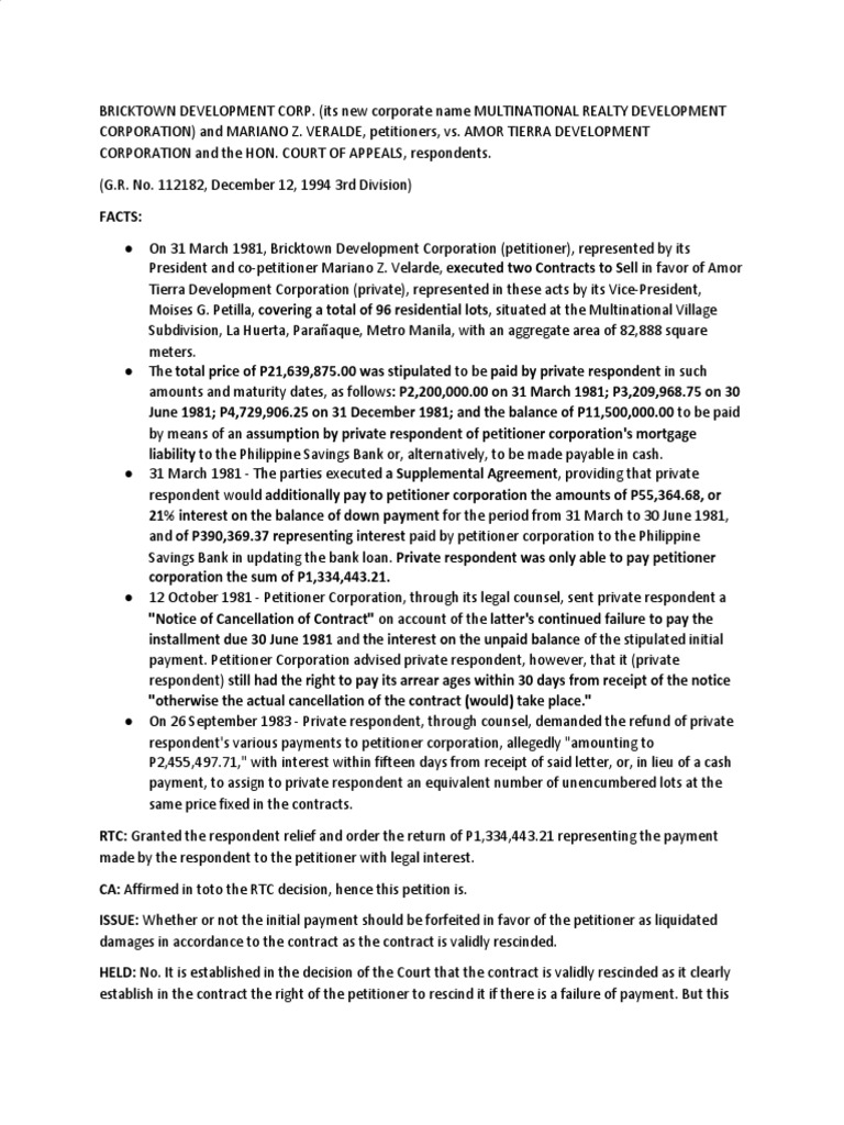 Bricktown Development Corp Vs Amor Tierra Development | PDF | Private ...