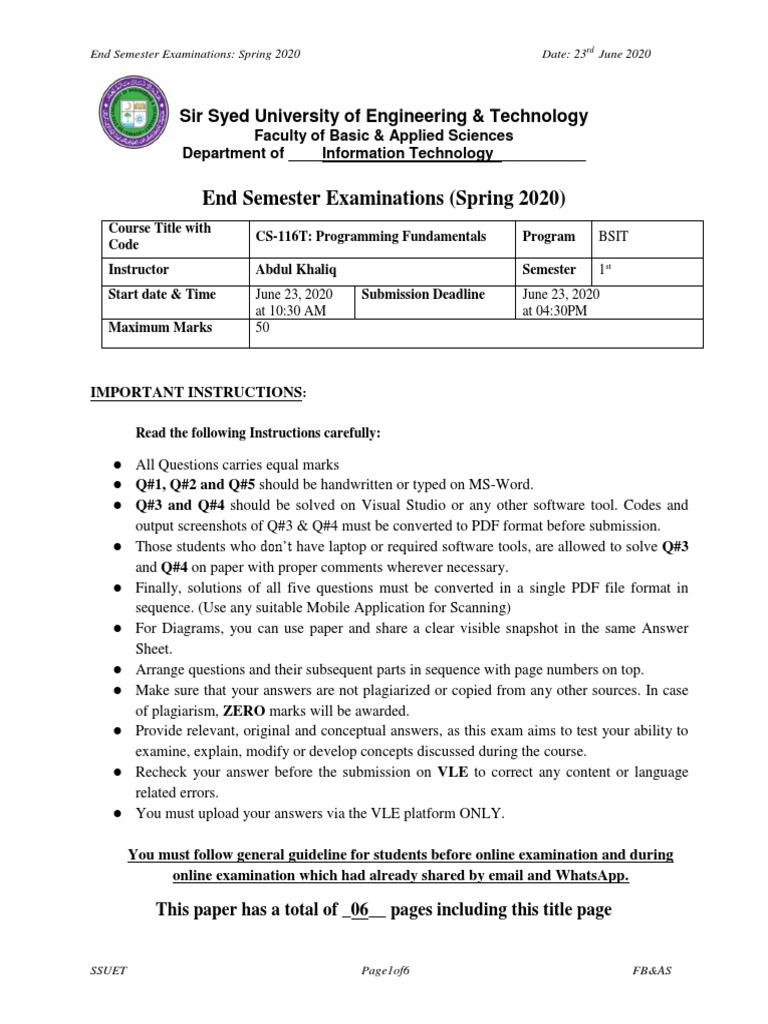 Cs 116 Programming Fundamentals End Semester Exam Pdf Test Assessment Software 