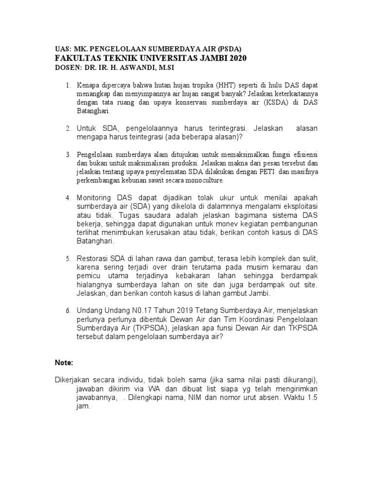 Soal UAS PSDA FT-2020 | PDF | Perjalanan | Sains & Matematika