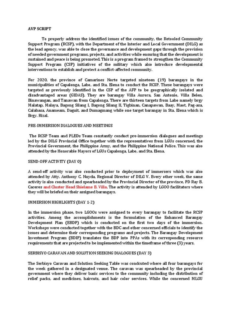 Avp Script: and Cluster Head Shielame B. Villa | PDF | Philippines | National Security