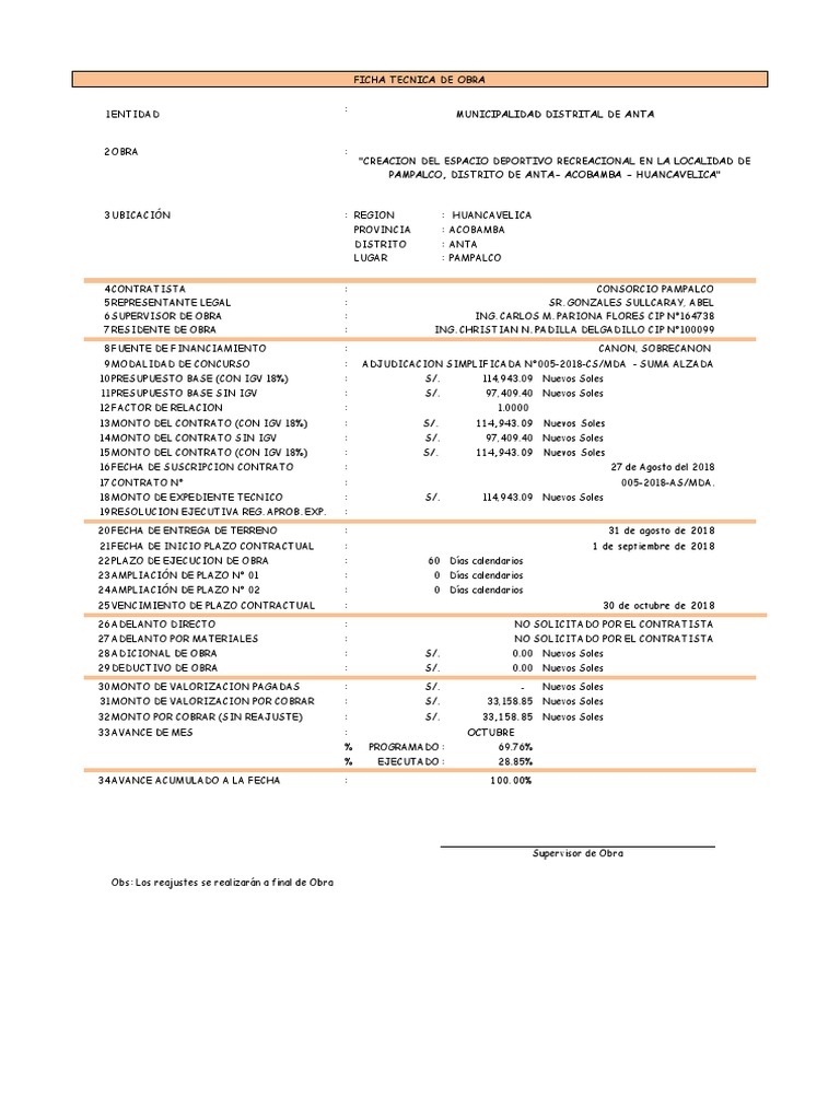 Ficha Tecnica de Obra Detallada | PDF