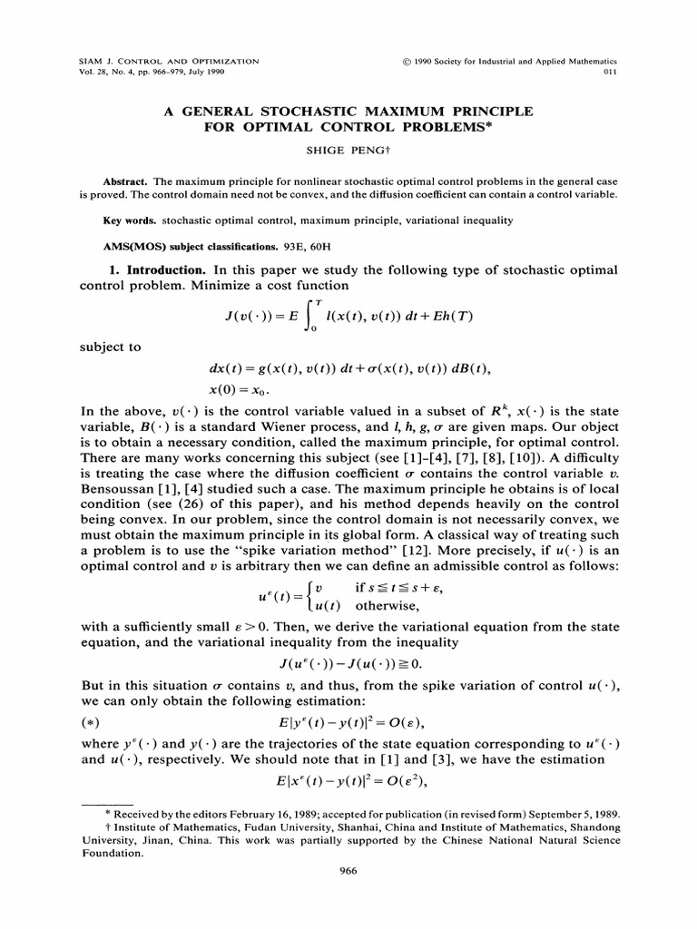Peng - Stochastic Maximum Principle | PDF | Calculus Of Variations | Optimal Control