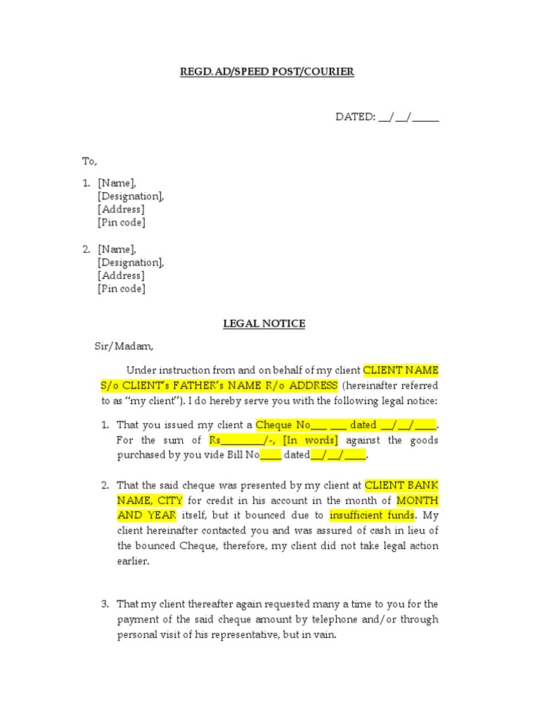 Cheque Bounce Legal Notice Format | PDF | Cheque | Common Law