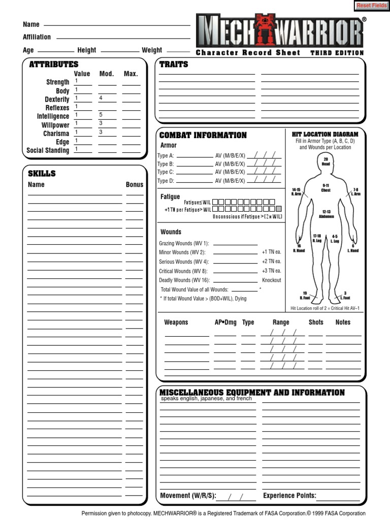 MW3 Mechwarrior Sheet (Fillable) | PDF | Weaponry | Leisure
