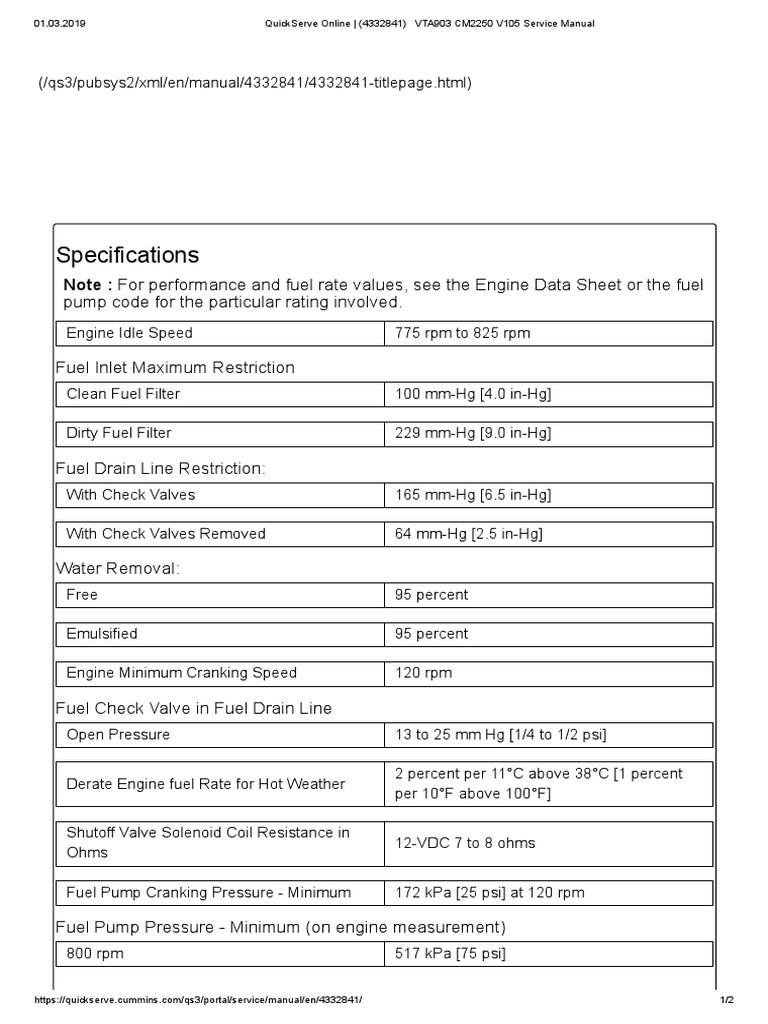 Specifications: Note: For Performance and Fuel Rate Values, See The ...