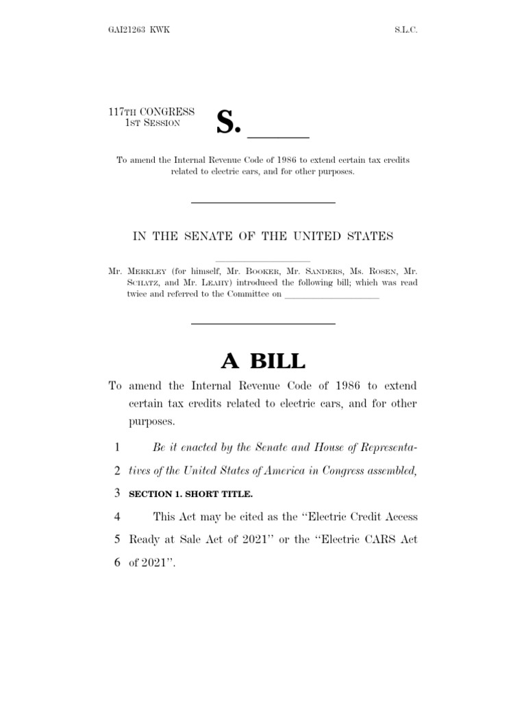 A Bill: 117 Congress 1 S | Download Free PDF | Electric Car | Internal ...