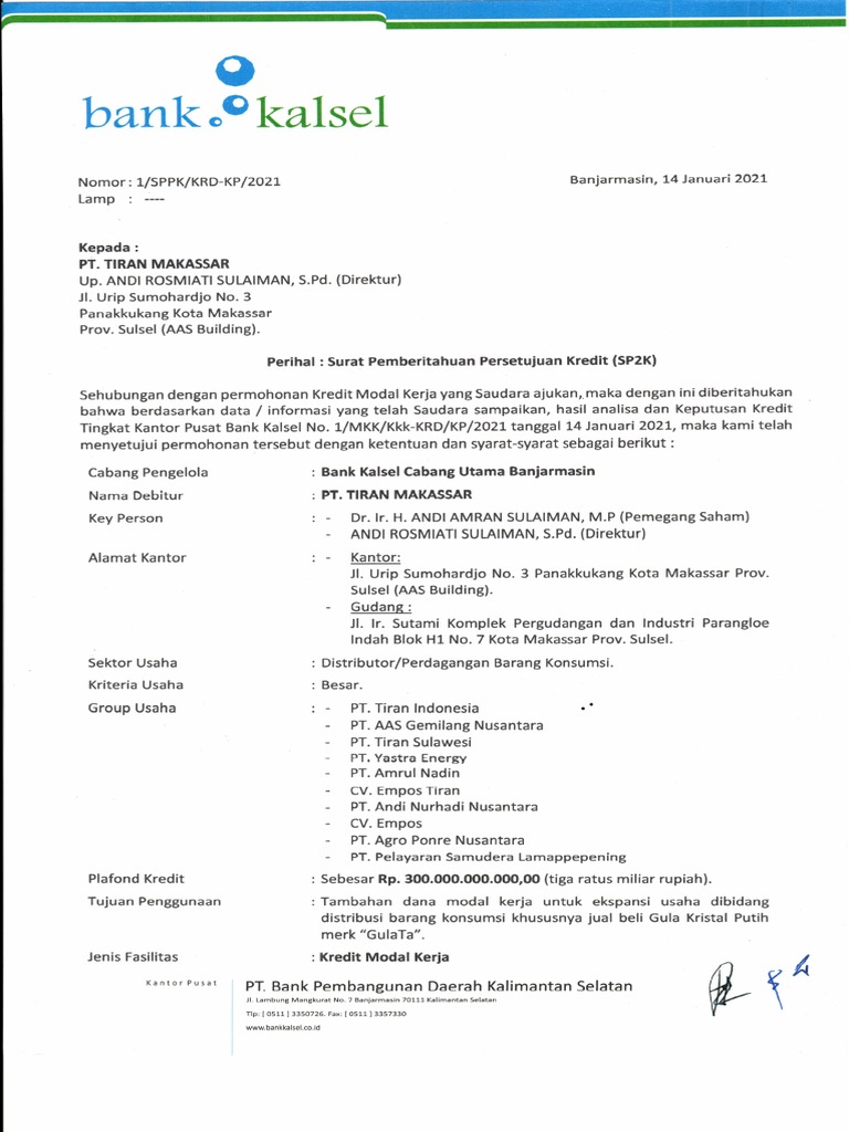 Surat Pemberitahuan Persetujuan Kredit (SP2K) | PDF