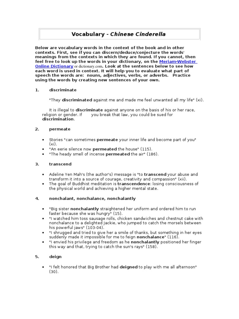 Vocabulary Guide for Chinese Cinderella | PDF