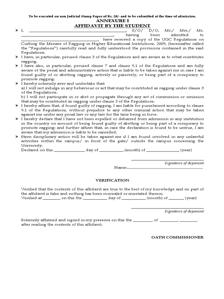 Affidavit Format For Anti-Ragging | PDF | Affidavit | Ethical Principles