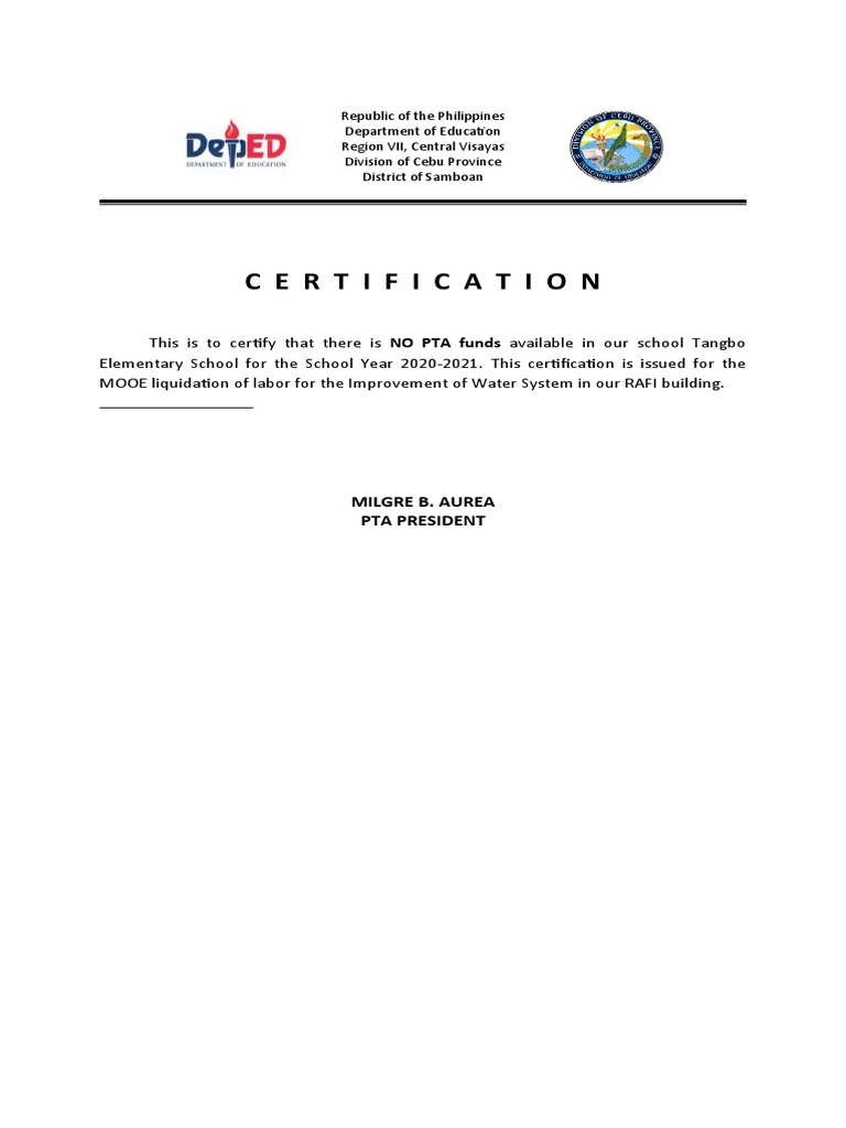 C E R T I F I C A T I O N: Milgre B. Aurea Pta President | PDF ...